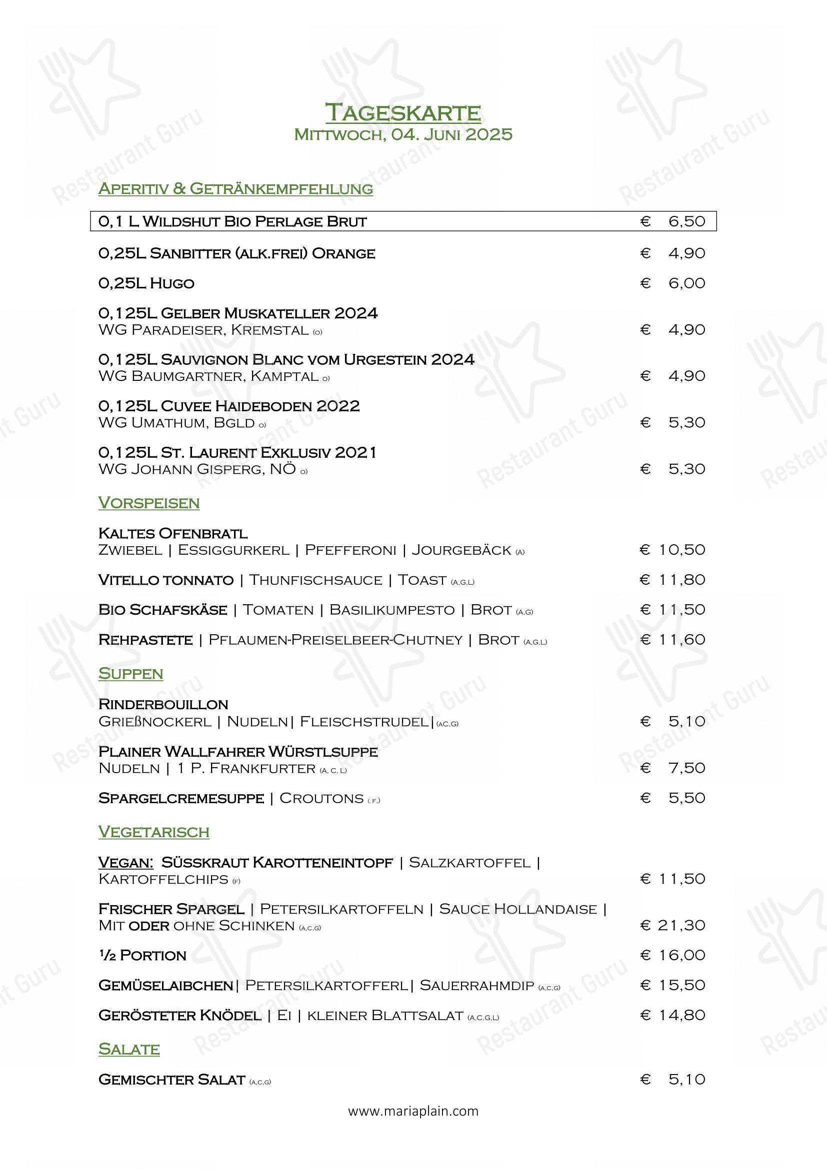Menu at Hotel Gasthof Maria Plain restaurant, Bergheim