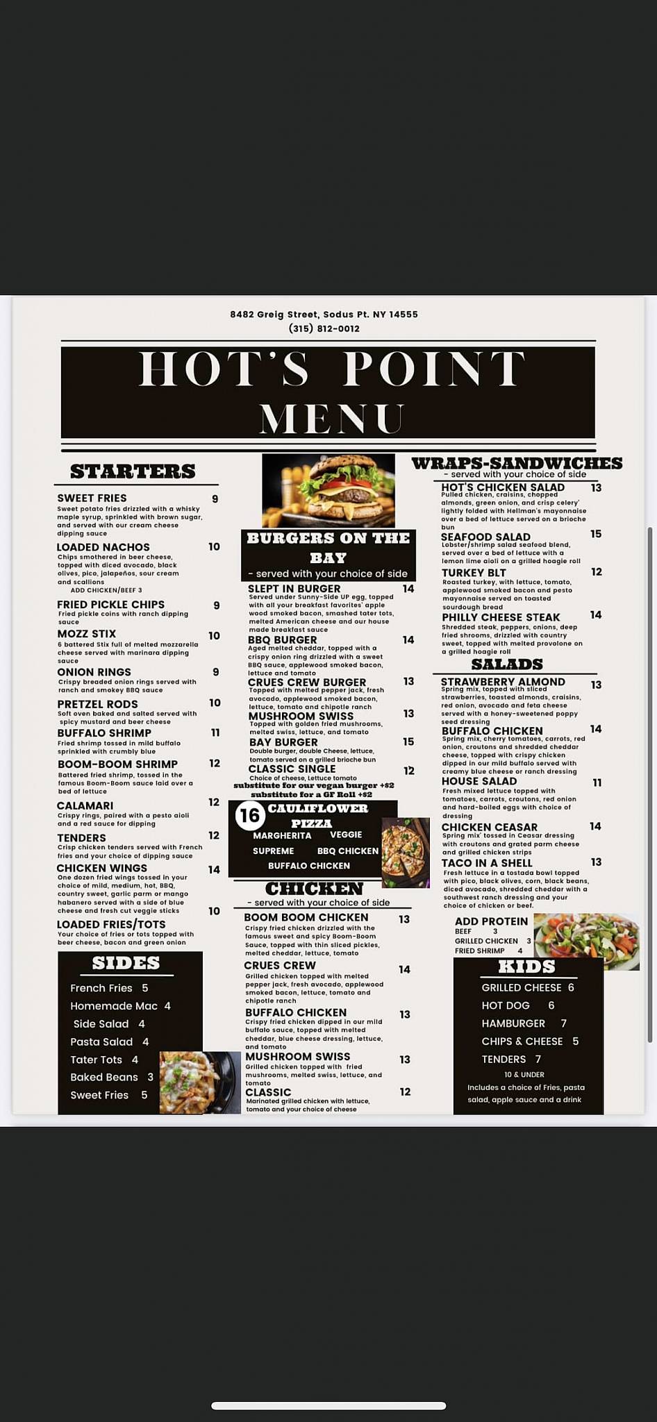 Menu at Hot's Point pub & bar, Sodus Point