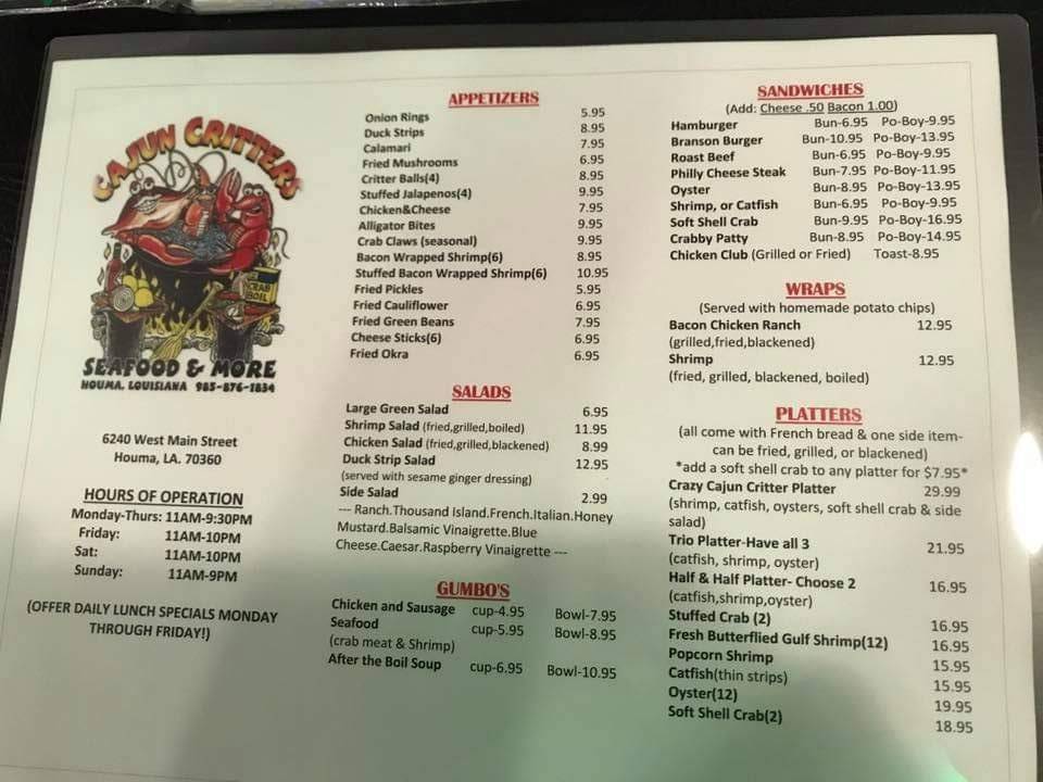 Menu at Cajun Critters restaurant, Houma, Alma St