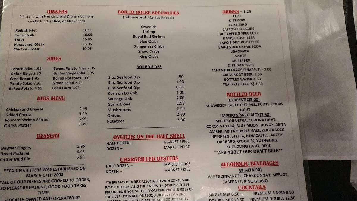 Menu at Cajun Critters restaurant, Houma, Alma St