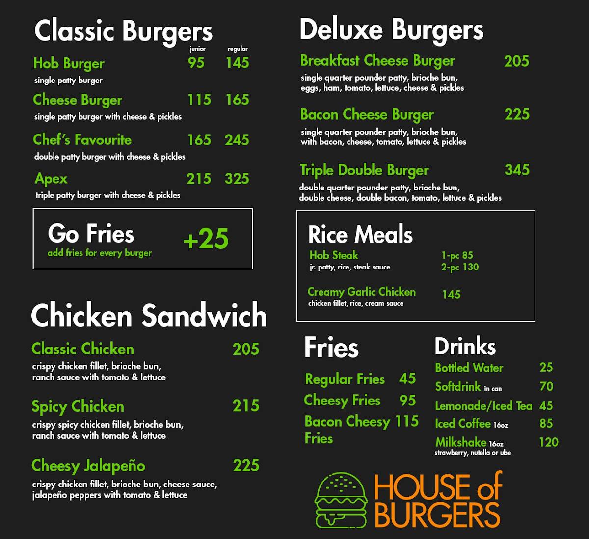 Menu at House of Burgers restaurant, Cebu City