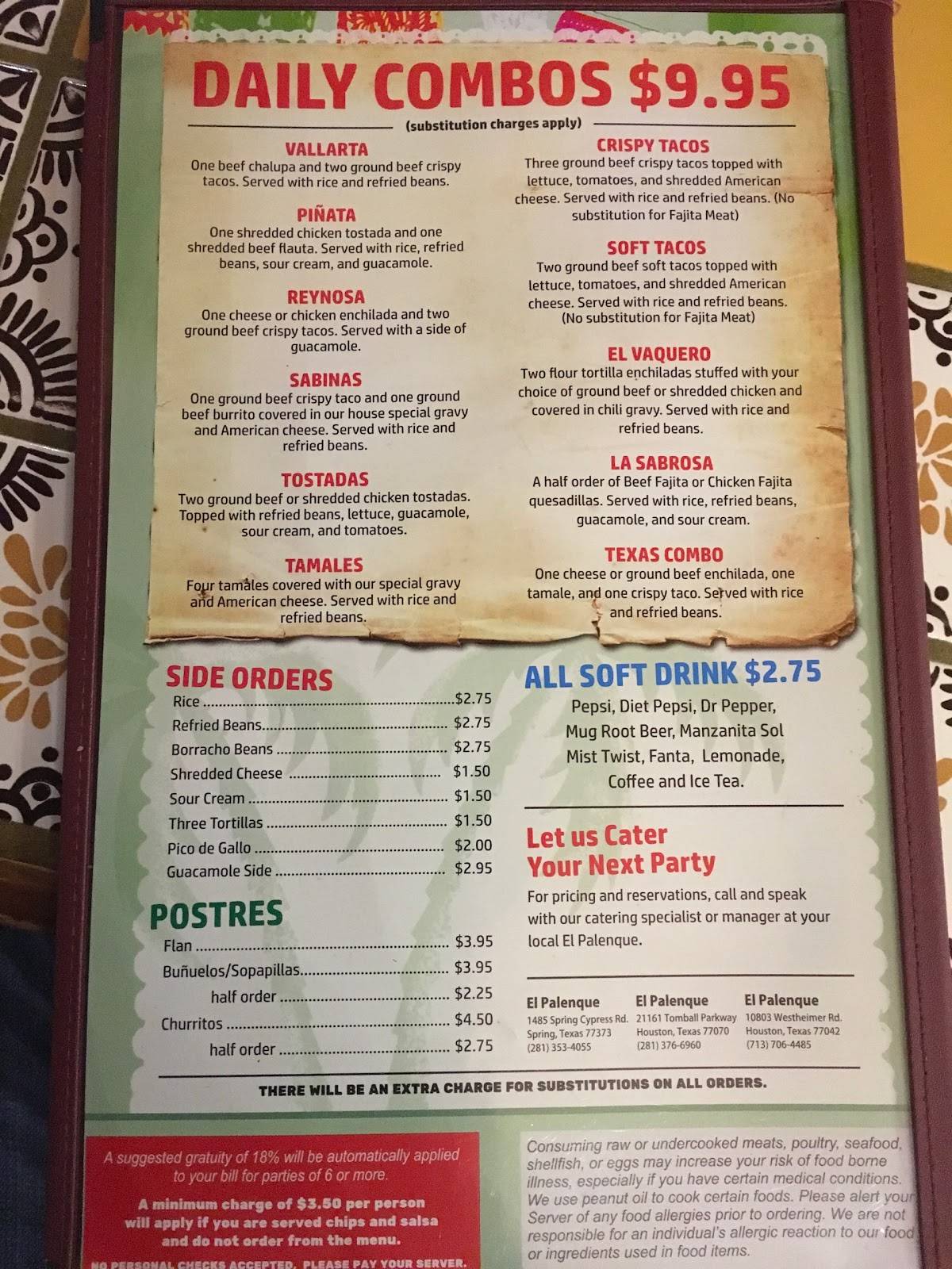 Carta del restaurante El Palenque, Houston, Irvington Blvd