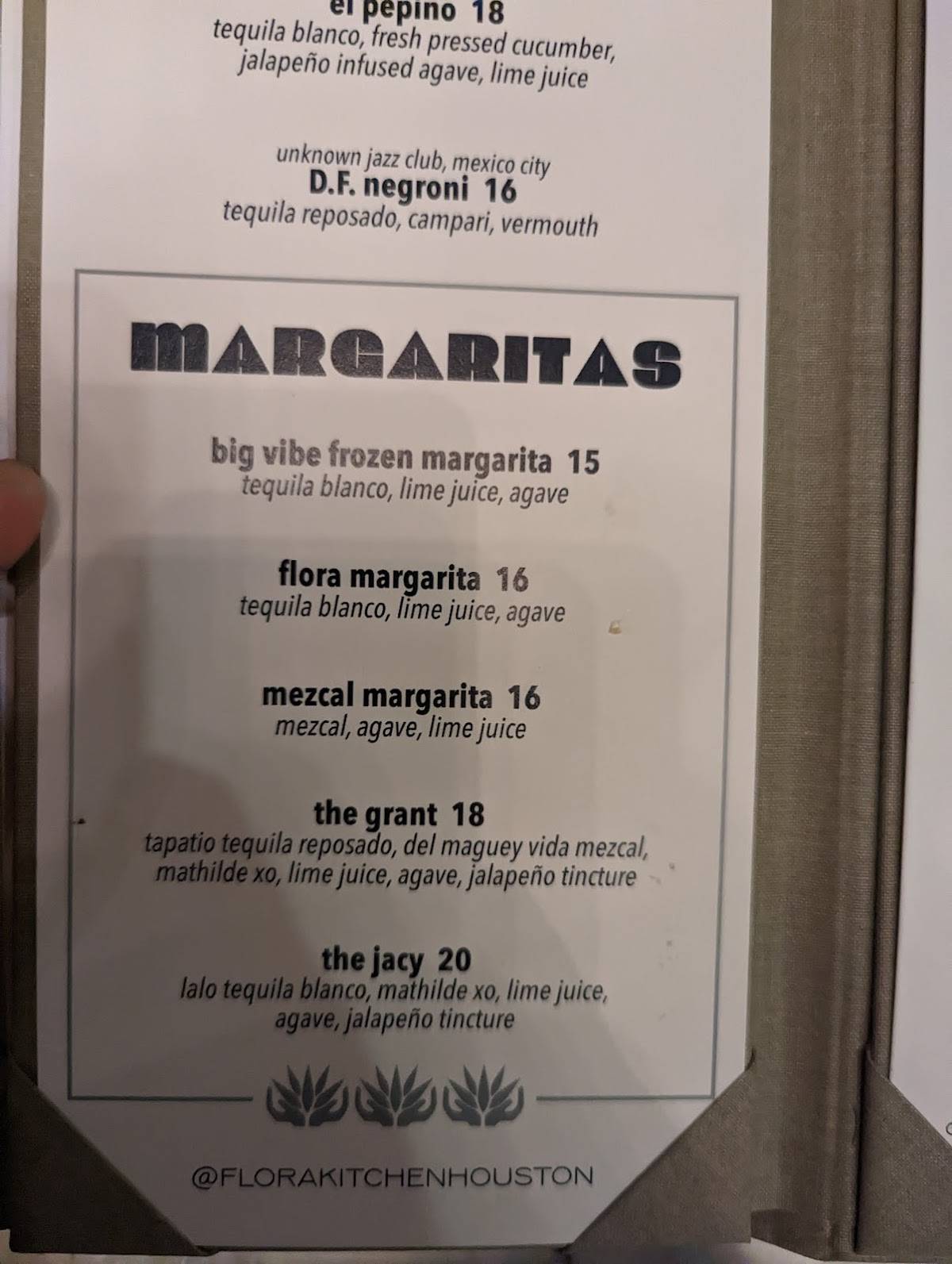 Menu at Flora restaurant, Houston