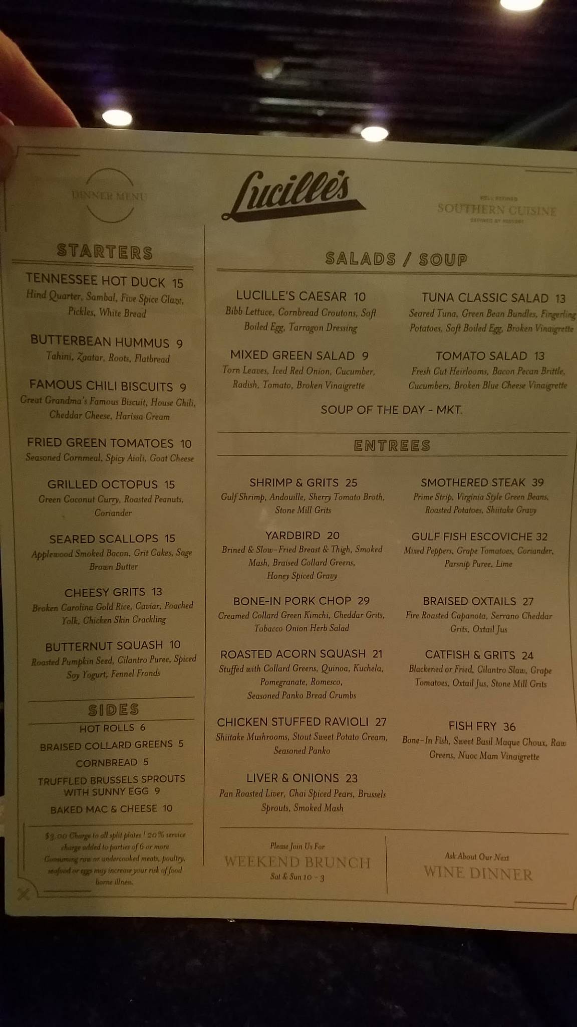 Menu at Lucille's restaurant, Houston