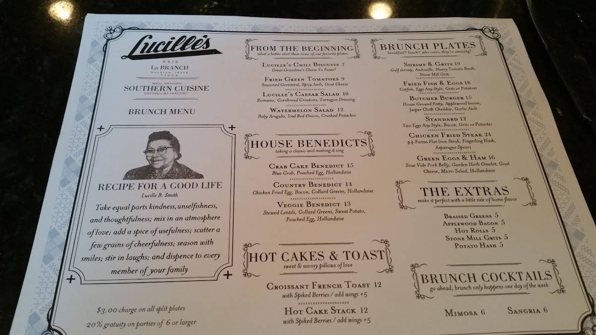 Menu at Lucille's restaurant, Houston