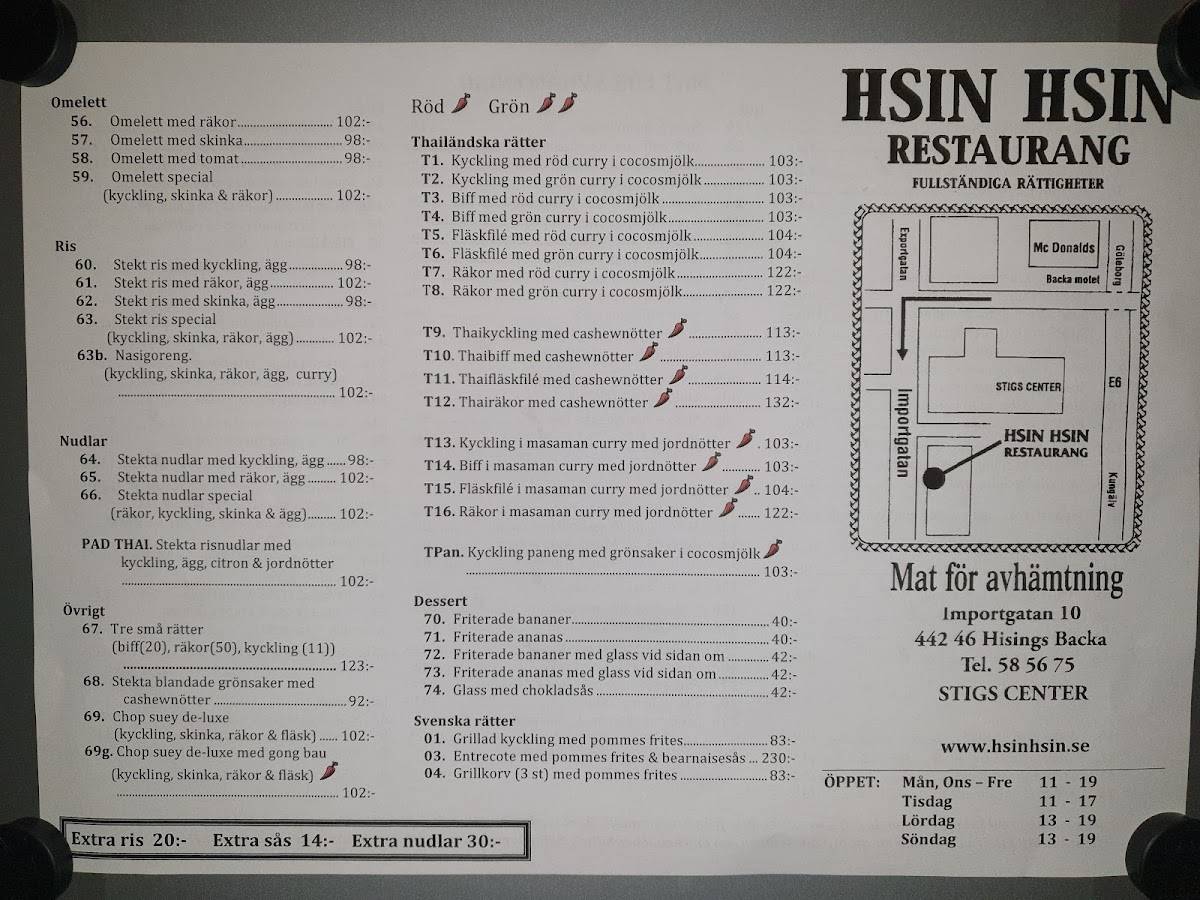 Menu at Hsin Hsin restaurant, Gothenburg, Importgatan 10