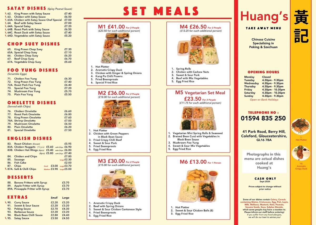 Menu at Huang's restaurant, Coleford