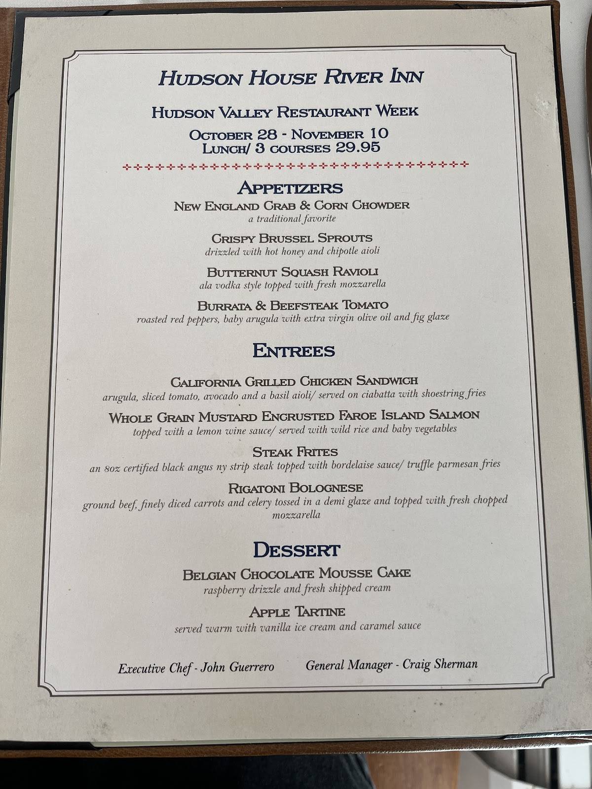 Menu at Hudson House River Inn restaurant, Cold Spring