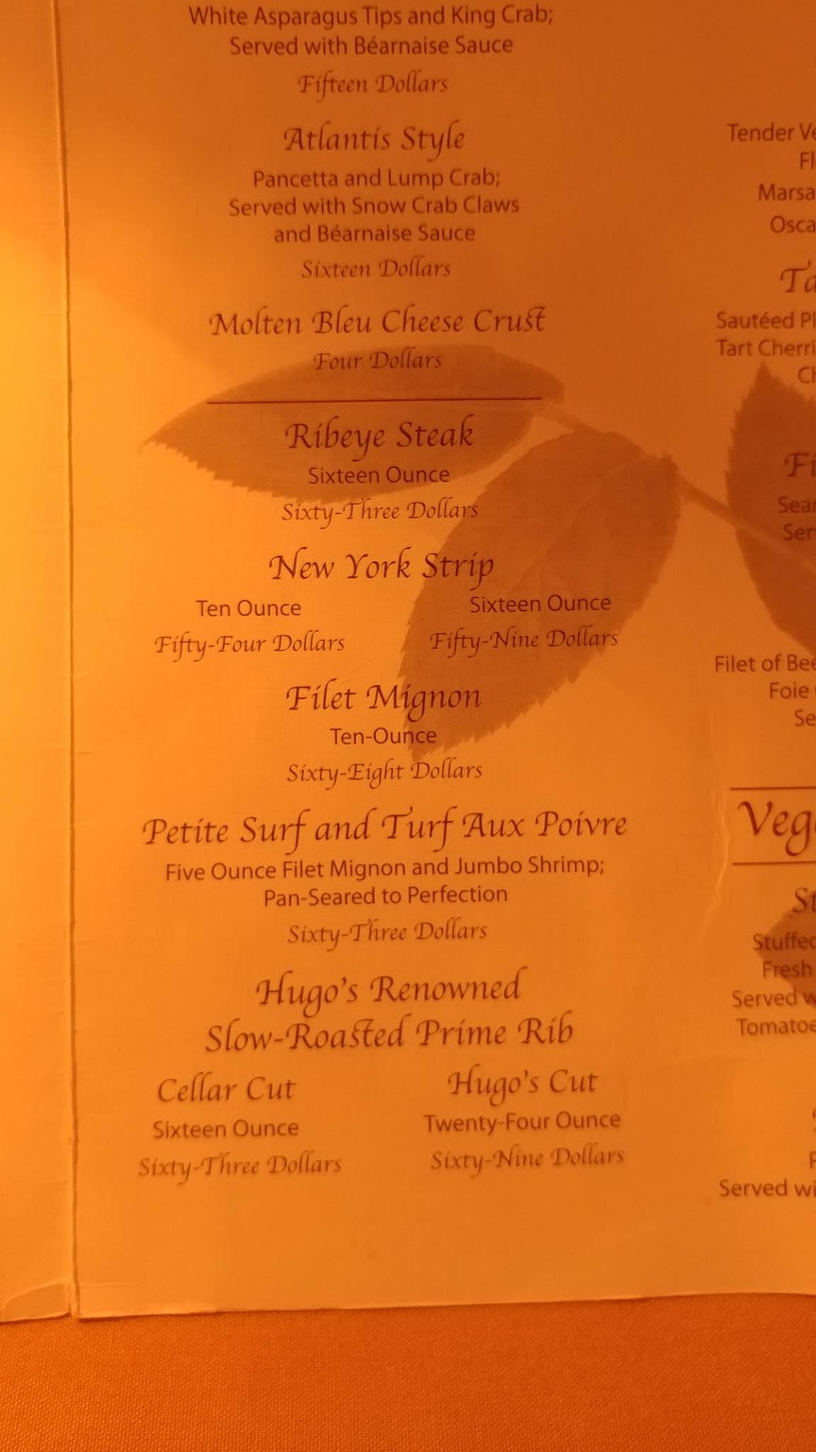 Menu at Hugo's Cellar steakhouse, Las Vegas, 202 Fremont Street Experience