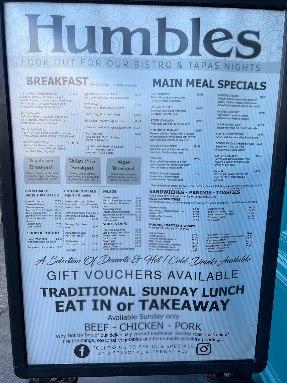 Menu at Humbles cafe, Seaham