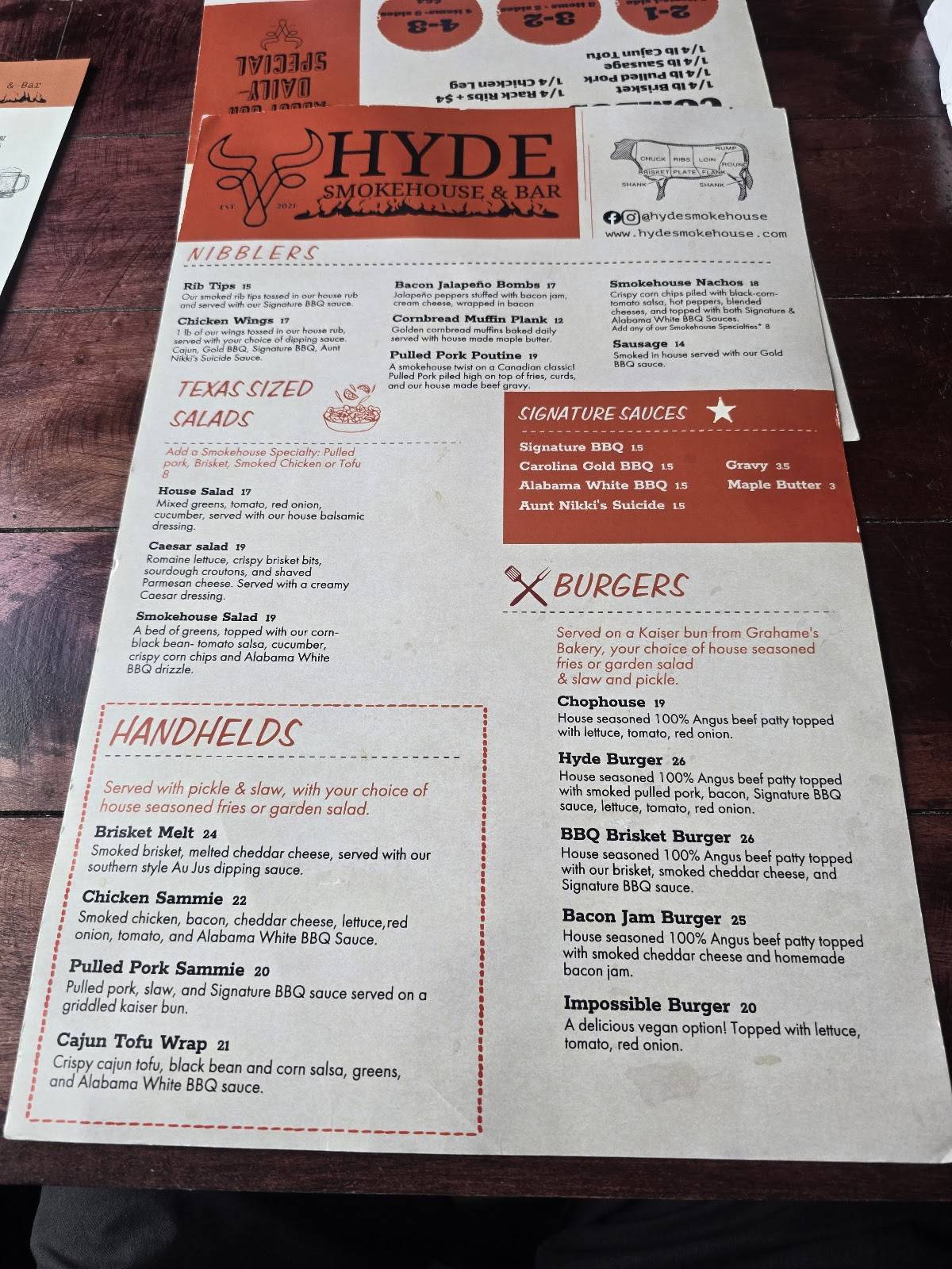 Menu au Hyde Smokehouse & Bar, Kemptville