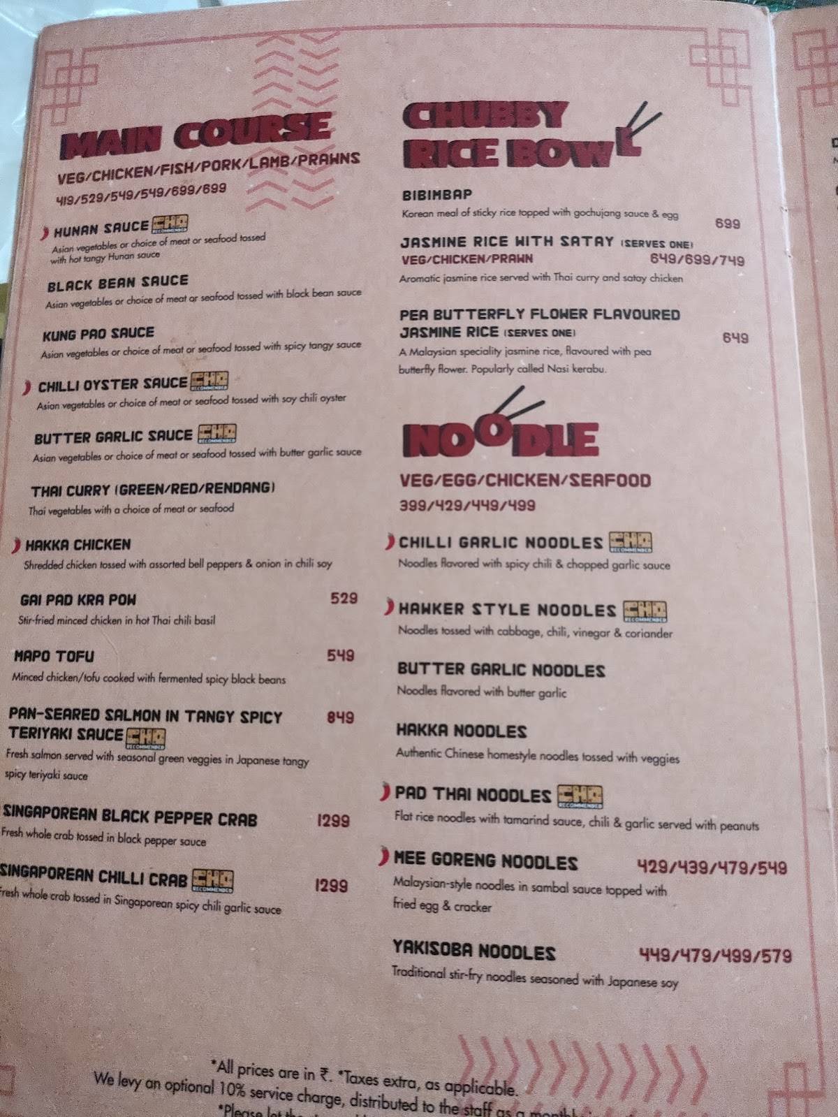 Menu at Chubby Cho, Hyderabad