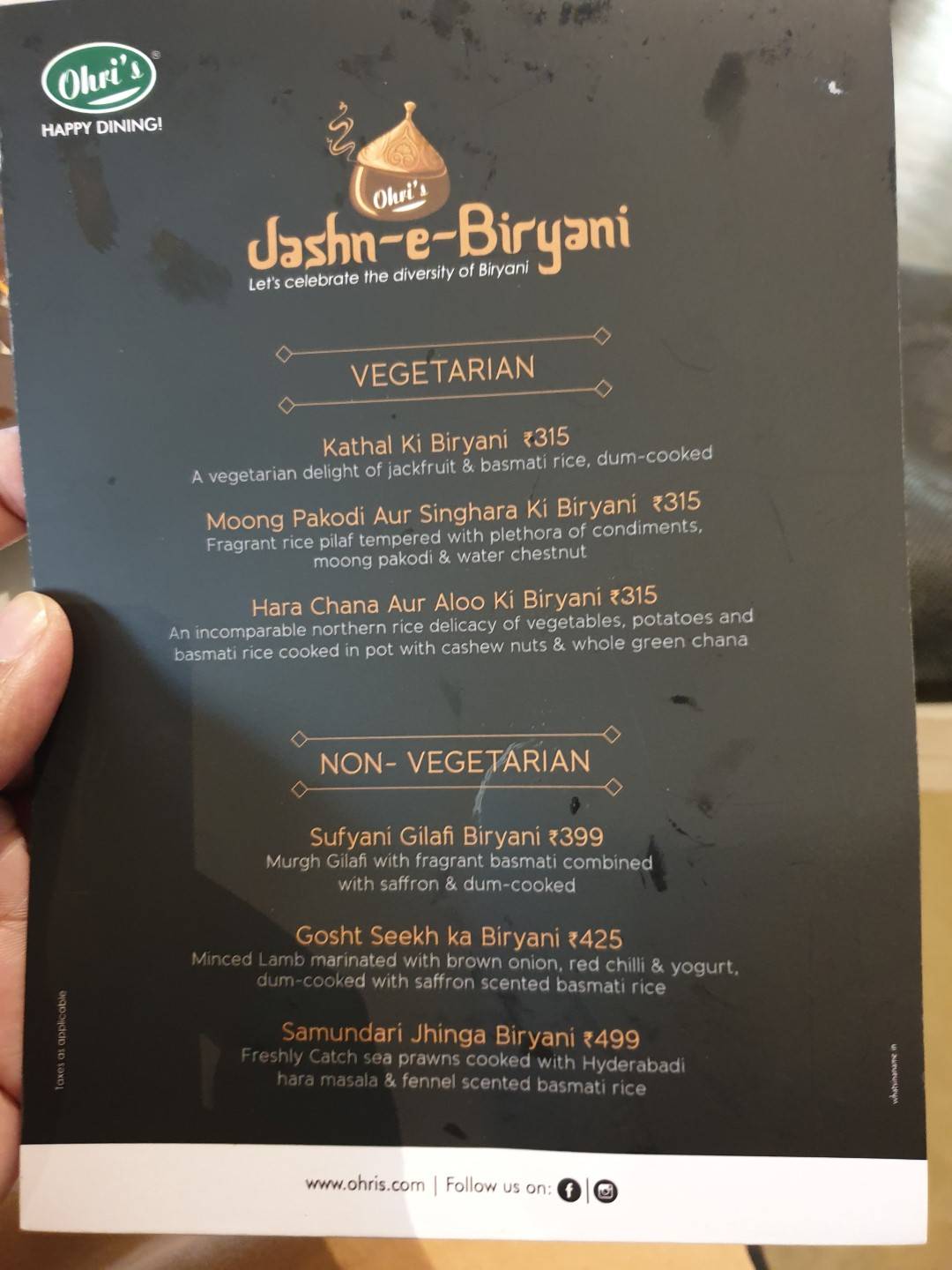 Menu at Tansen, Hyderabad, Ohri's Jalavihar