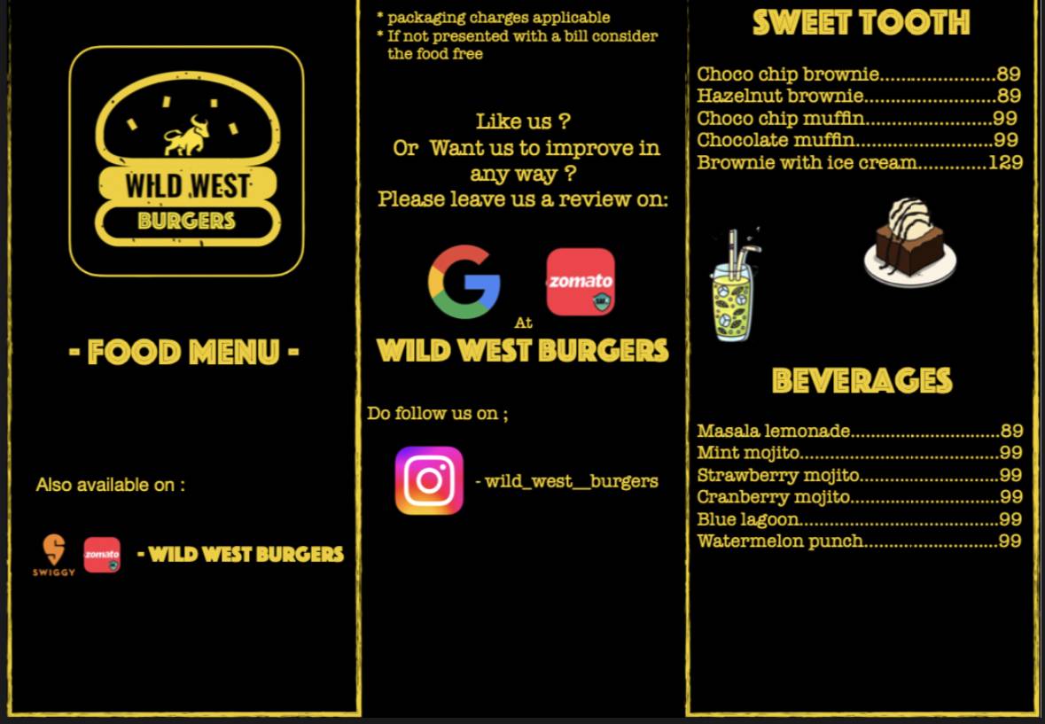 Menu at Wild West burgers, Hyderabad