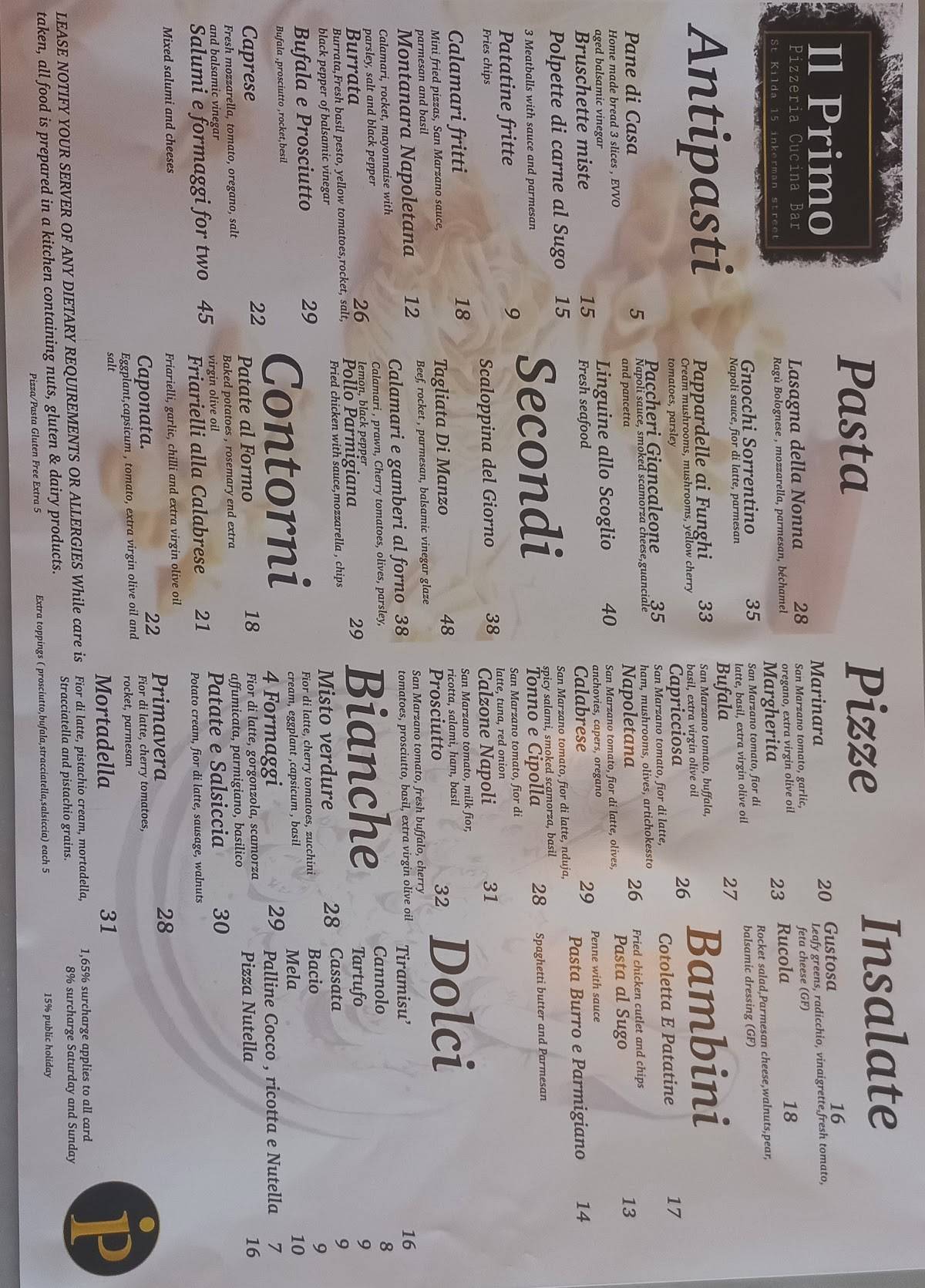 Menu at IL Primo Pizzeria Cucina Bar, Saint Kilda
