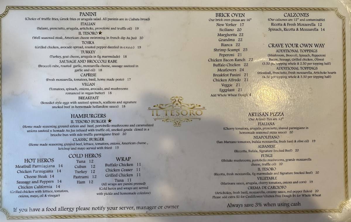 Menu at IL TESORO RISTORANTE & PIZZERIA, Mountainville