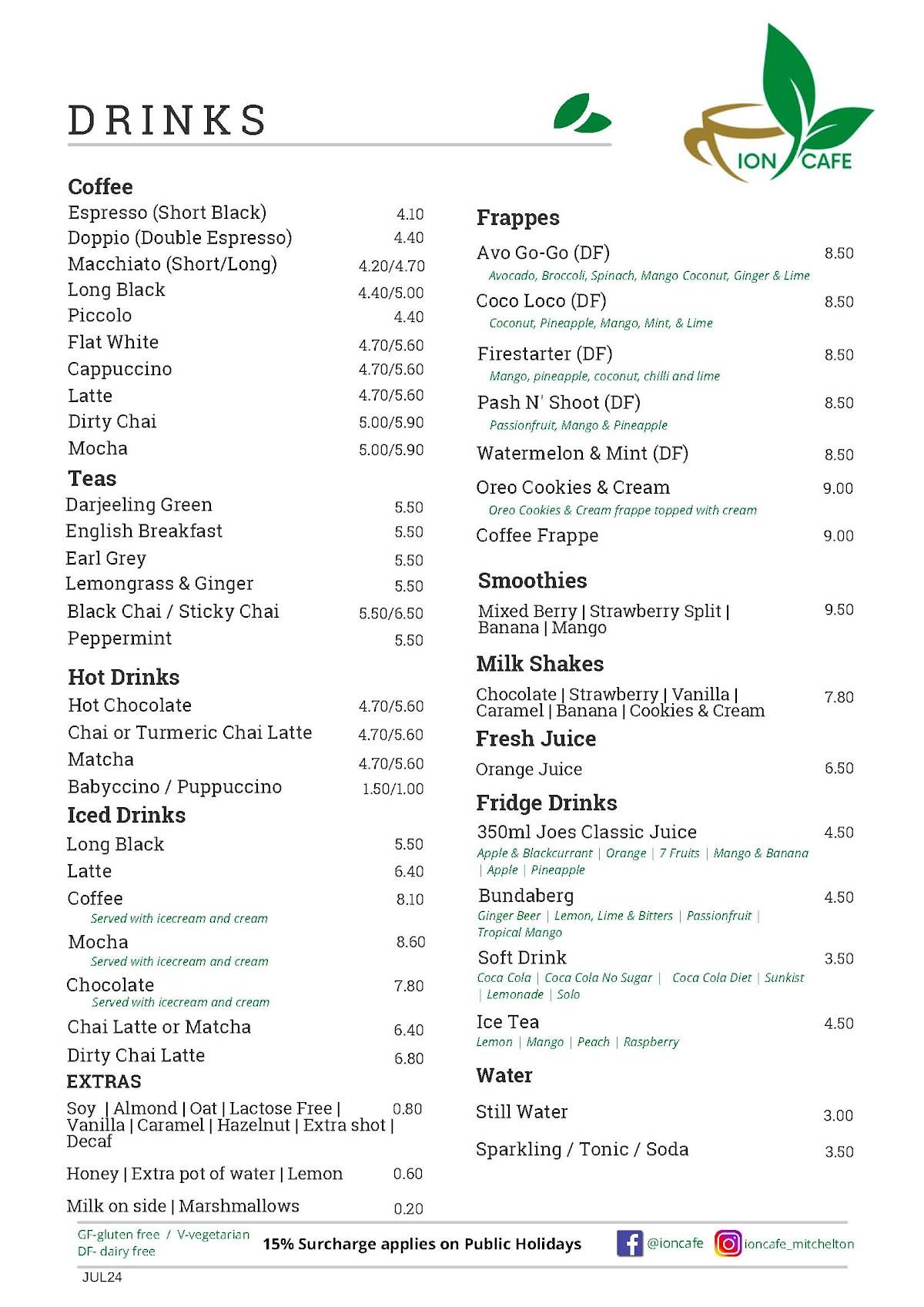 Menu at ION Cafe, Gaythorne