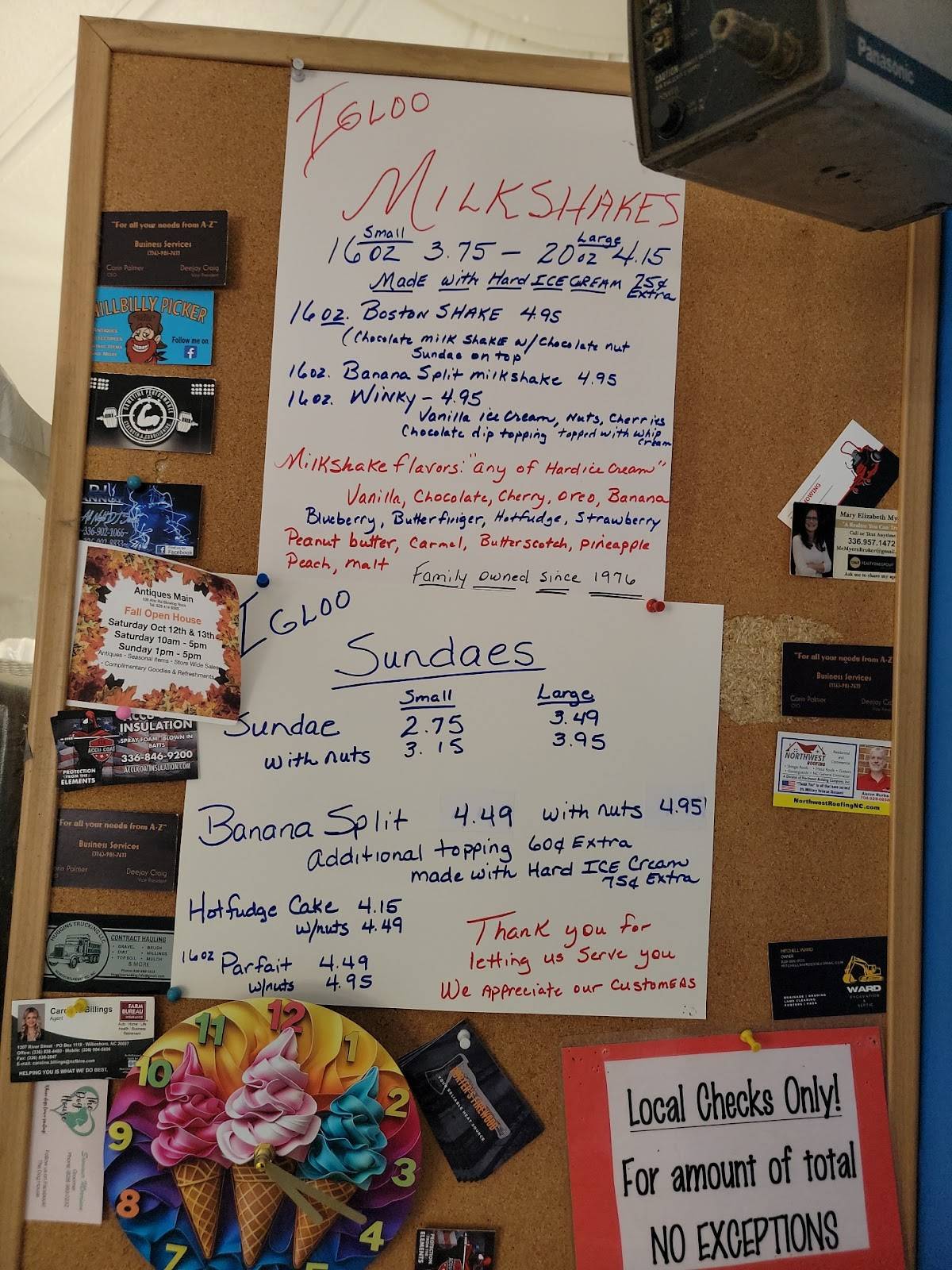 Menu at Igloo Ice Cream & Sandwich Shop cafe, Millers Creek