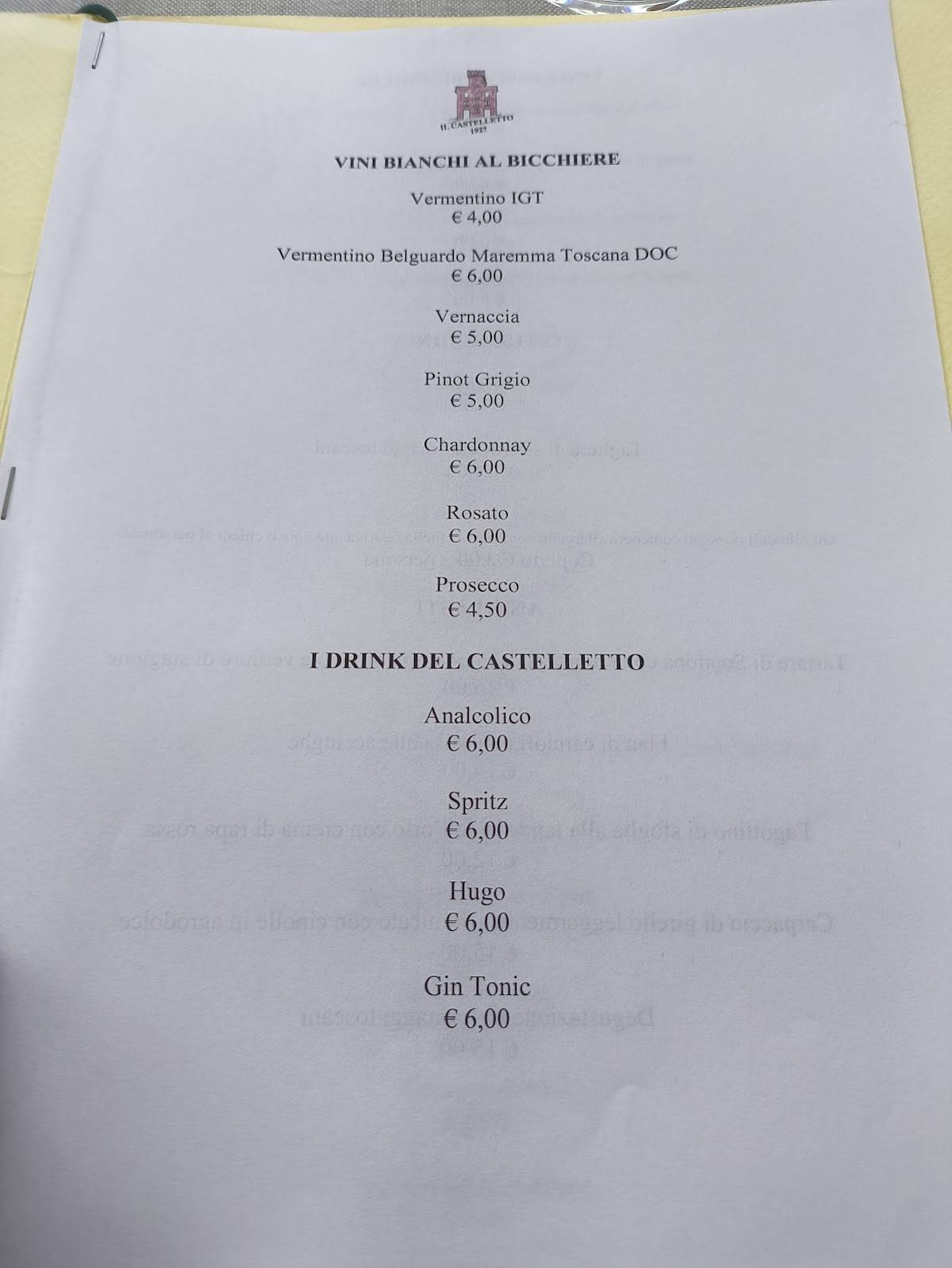 Menu da Il Castelletto ristorante, Colle di Val d'Elsa