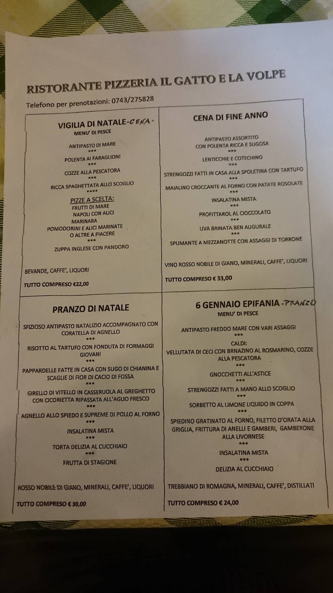Menu da Il Gatto E La Volpe ristorante, Protte, Protte