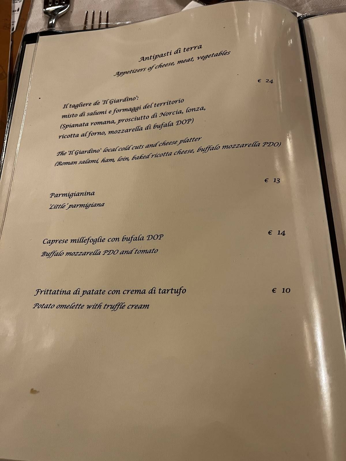 Menu da Il Giardino. Antica Osteria 1909 ristorante, Roma, Via Zucchelli