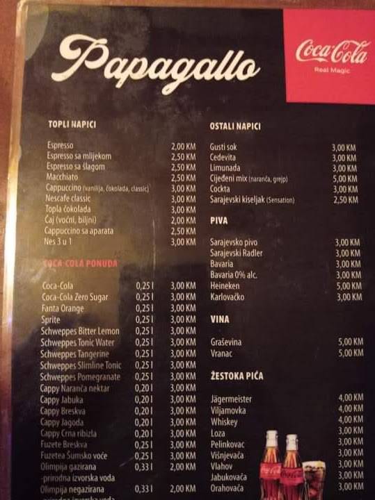 Menu at Il Pappagallo cafe, Ilidža