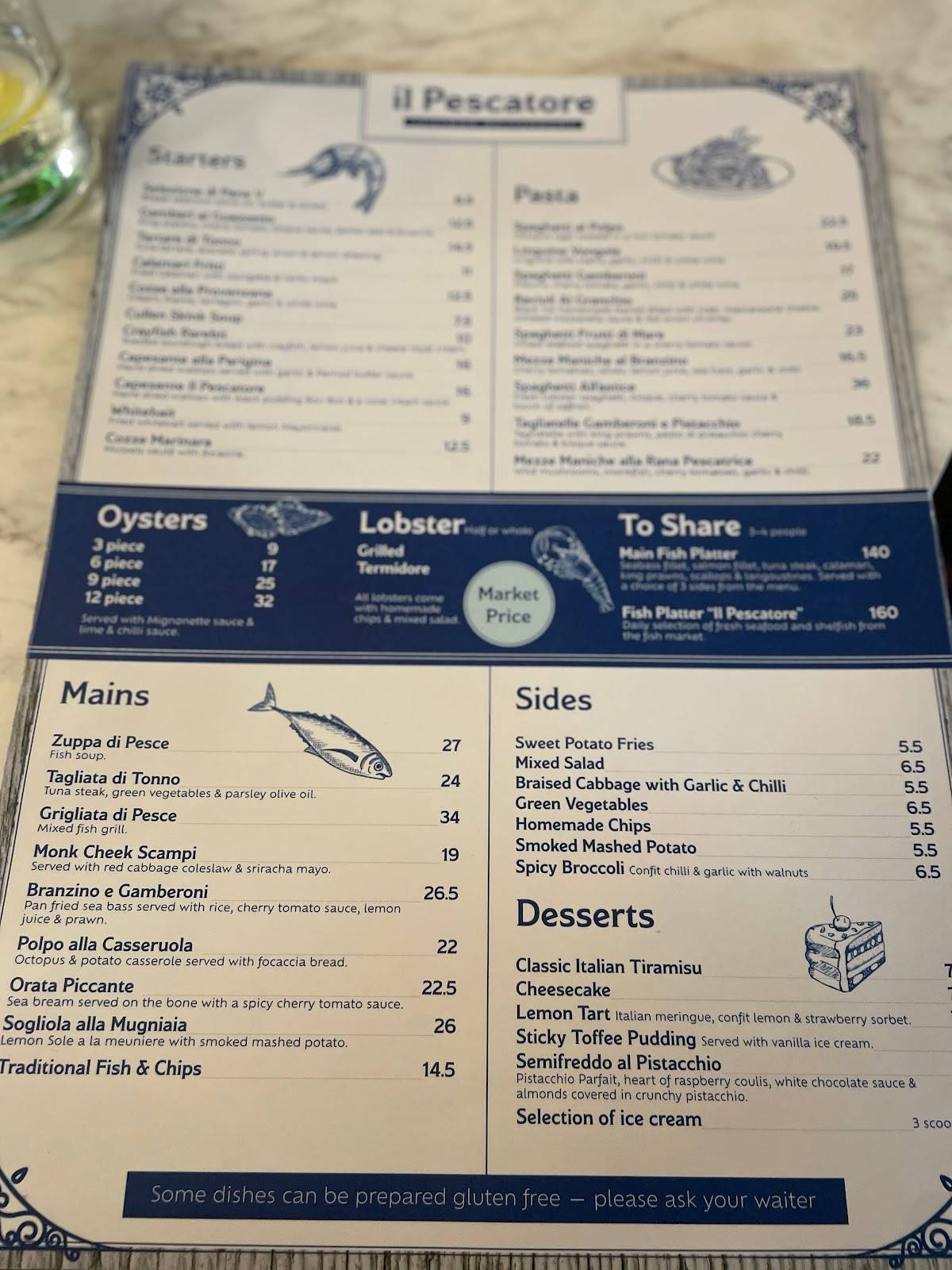 Menu at Il Pescatore restaurant, Paisley