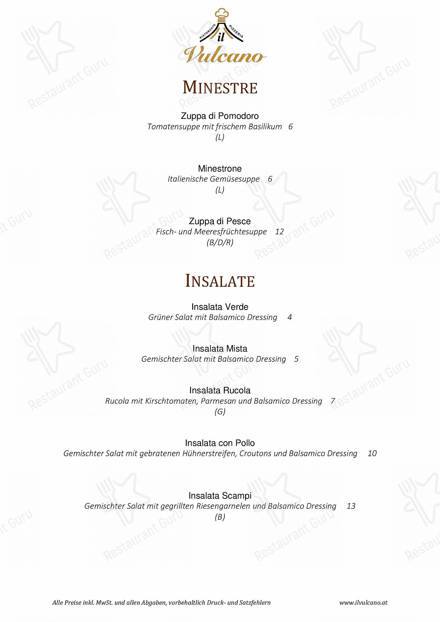 Speisekarte von Ristorante Il Vulcano restaurant, Wiener Neustadt