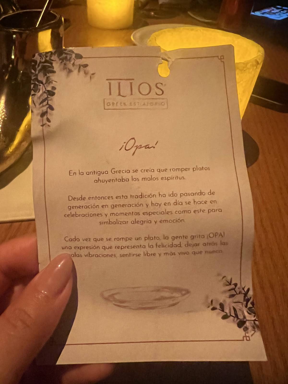 Menu at Ilios Greek restaurant in Cancun, Cancún