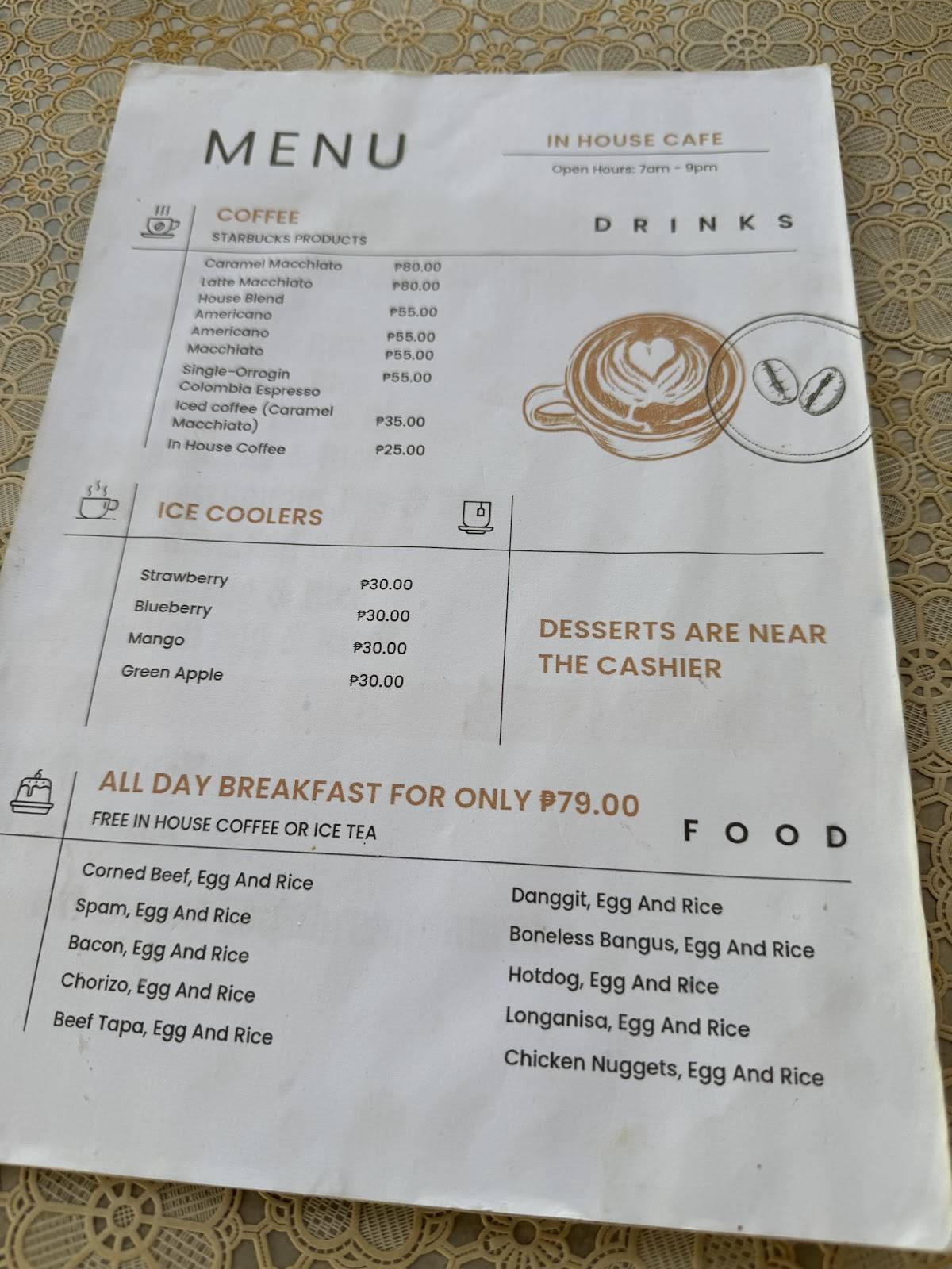 Menu at In House Cafe, Compostela