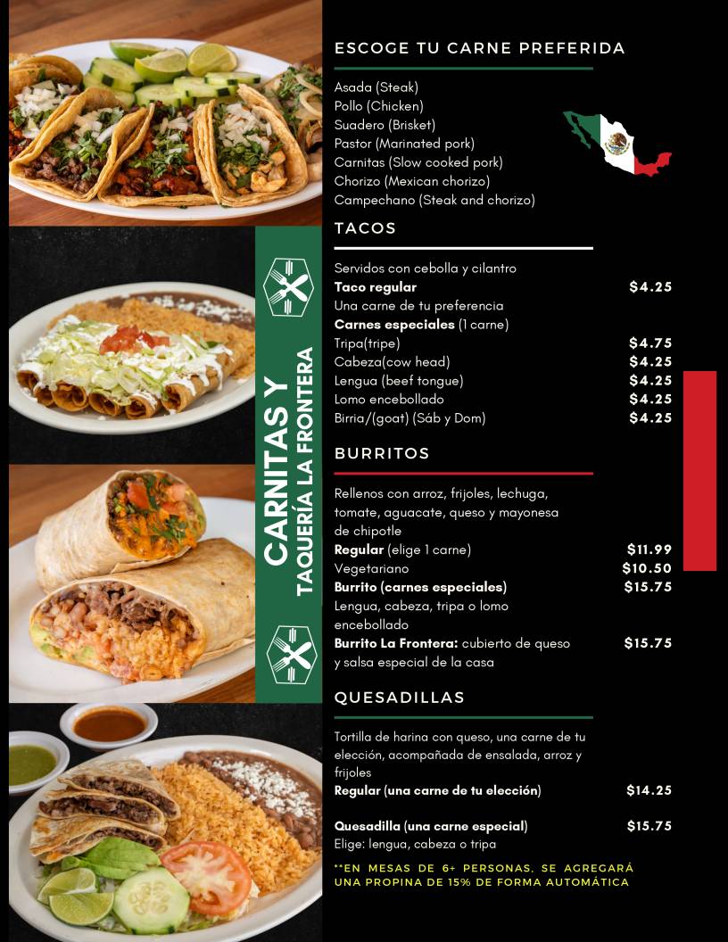 Menu at Carnitas Y Taqueria La Frontera restaurant, Indianapolis