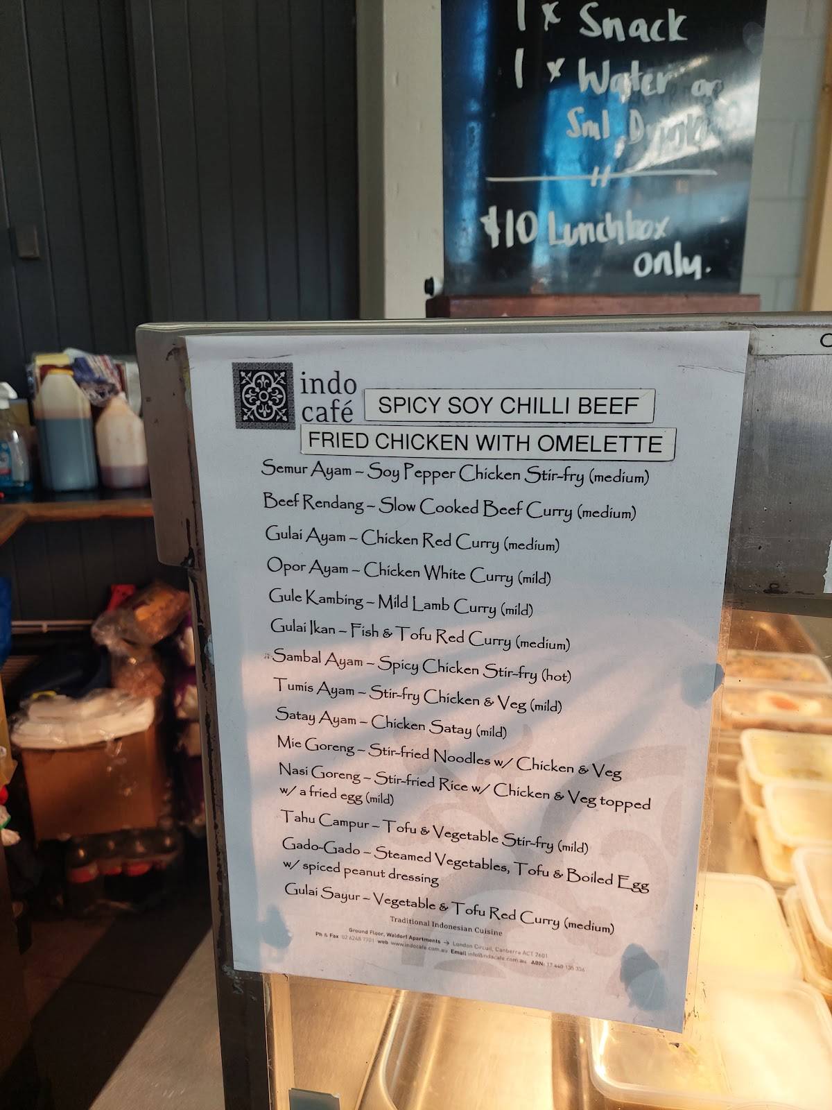 Menu at Indo Cafe, Canberra