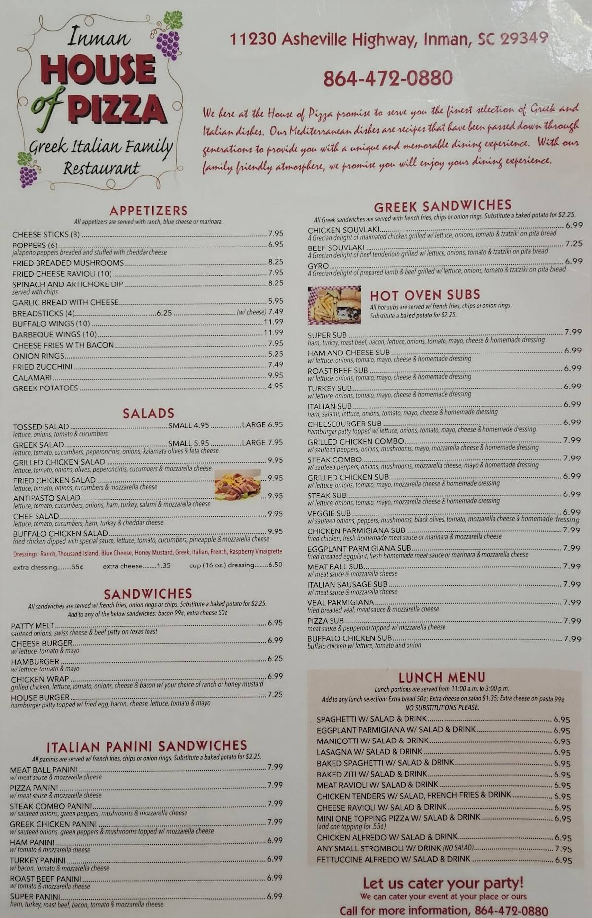 Menu at Inman House of Pizza restaurant, Inman