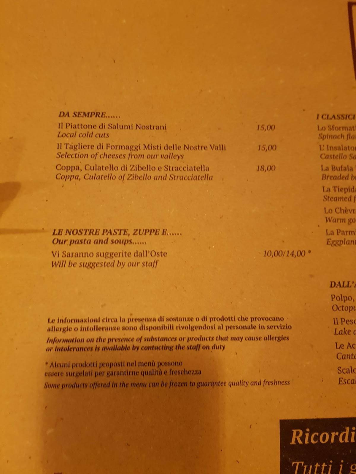 Menu da Osteria del Castello ristorante, Verbania