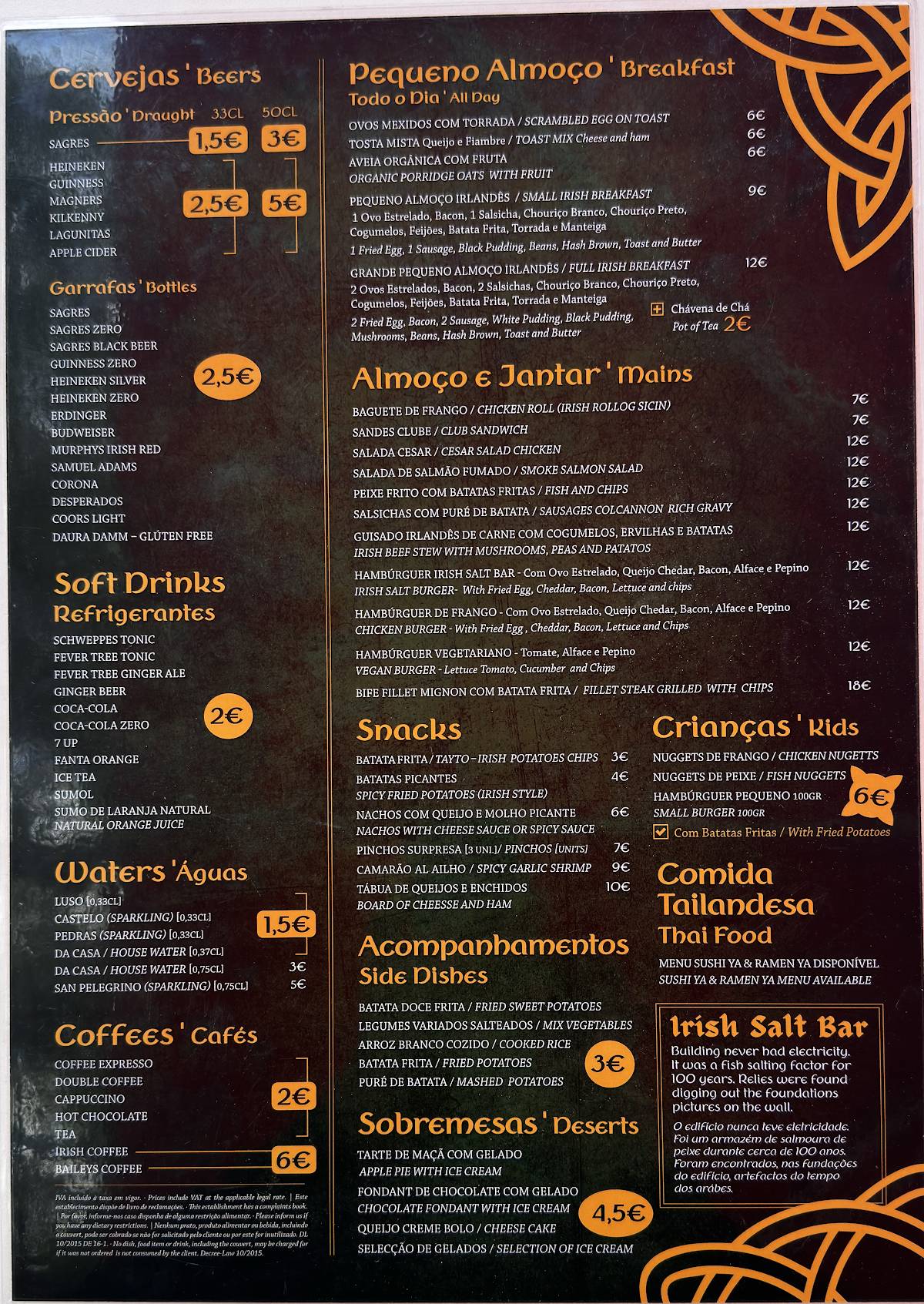 Menu at Irish Salt Bar, Faro