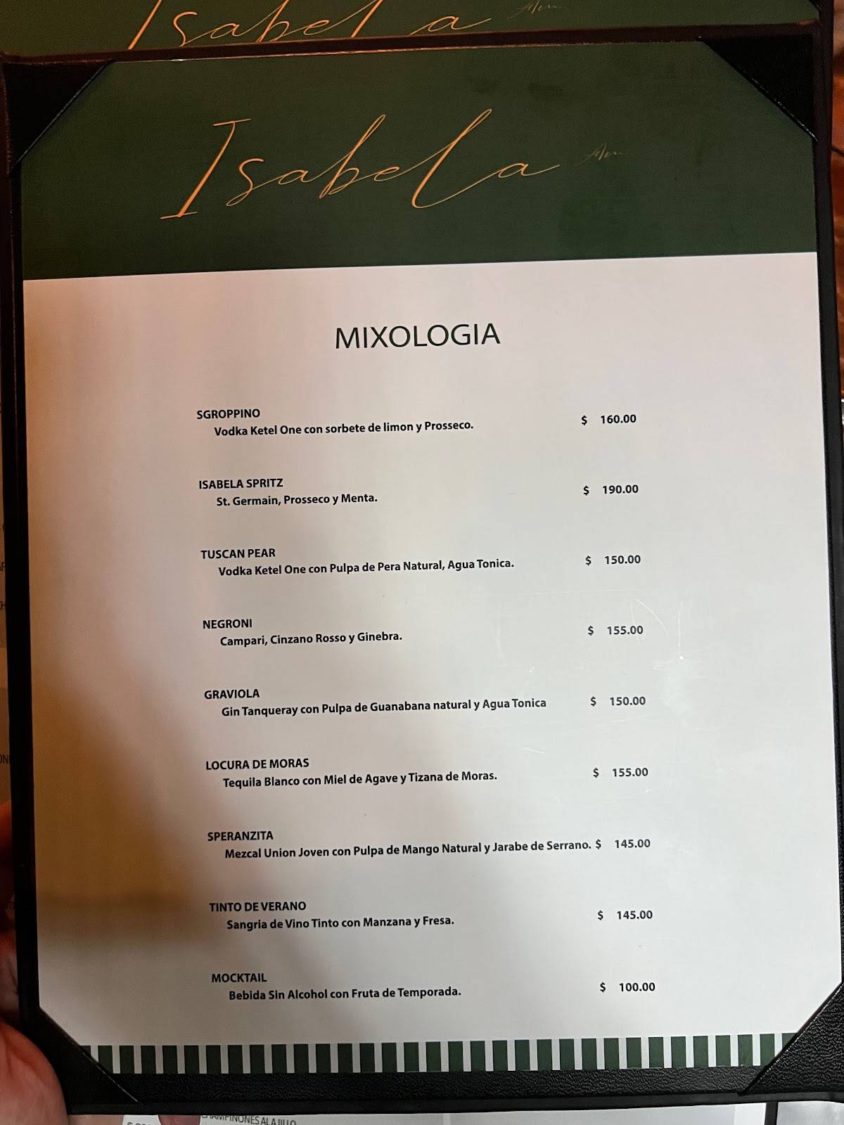 Carta del restaurante Isabela MX, Zapopan