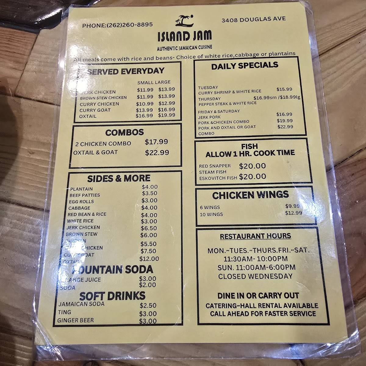 Menu at Island Jam Authentic Jamaican Cuisine restaurant, Racine