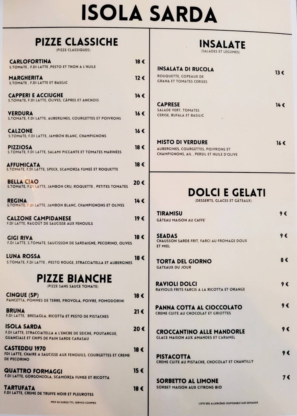 Menu au Isola Sarda Paris pizzeria, Paris