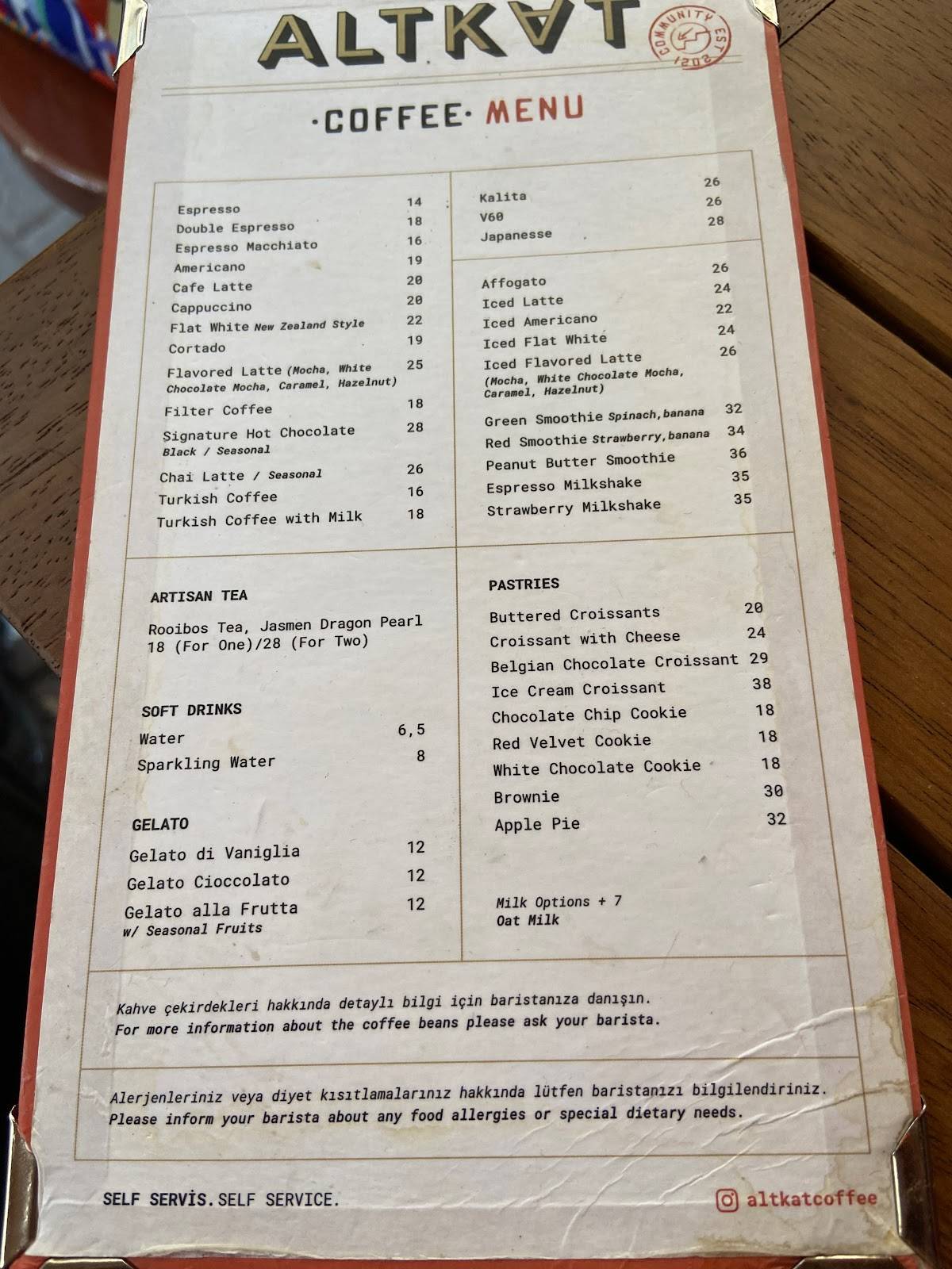 Menu at Altkat Coffee Community, Istanbul, Dalga Sk. No:19
