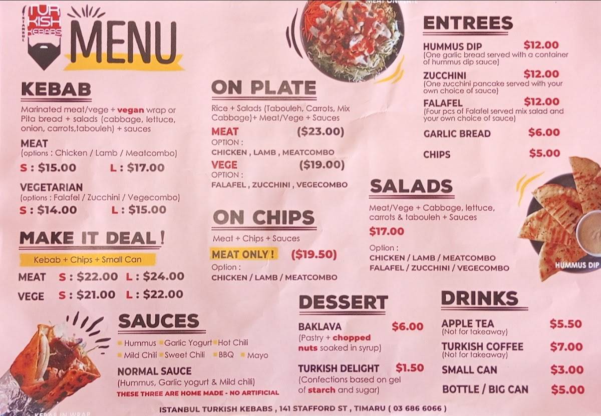 Menu at Istanbul Turkish Kebabs restaurant, Timaru