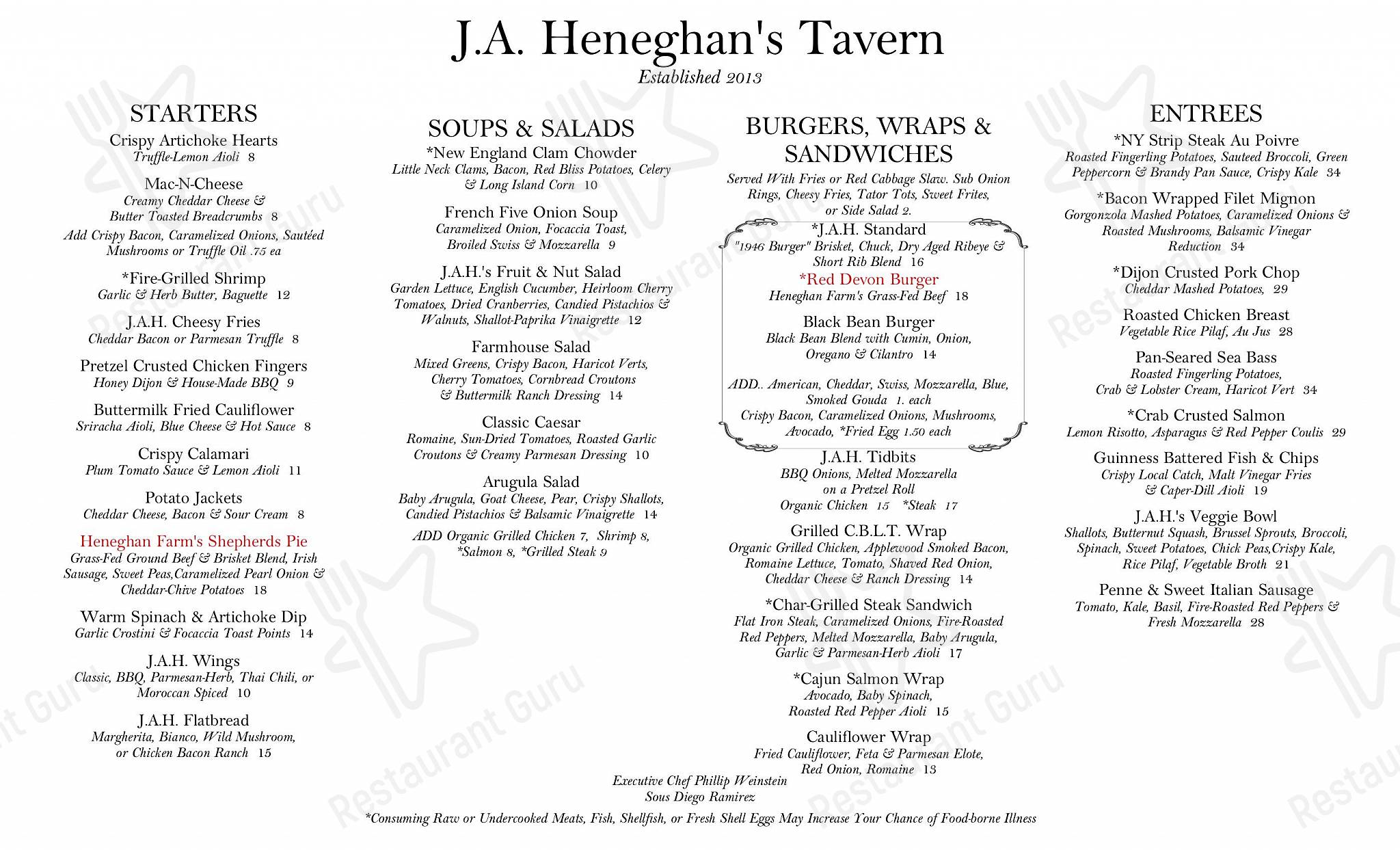 Carta de J.A. Heneghan's Tavern & Restaurant, Point Lookout