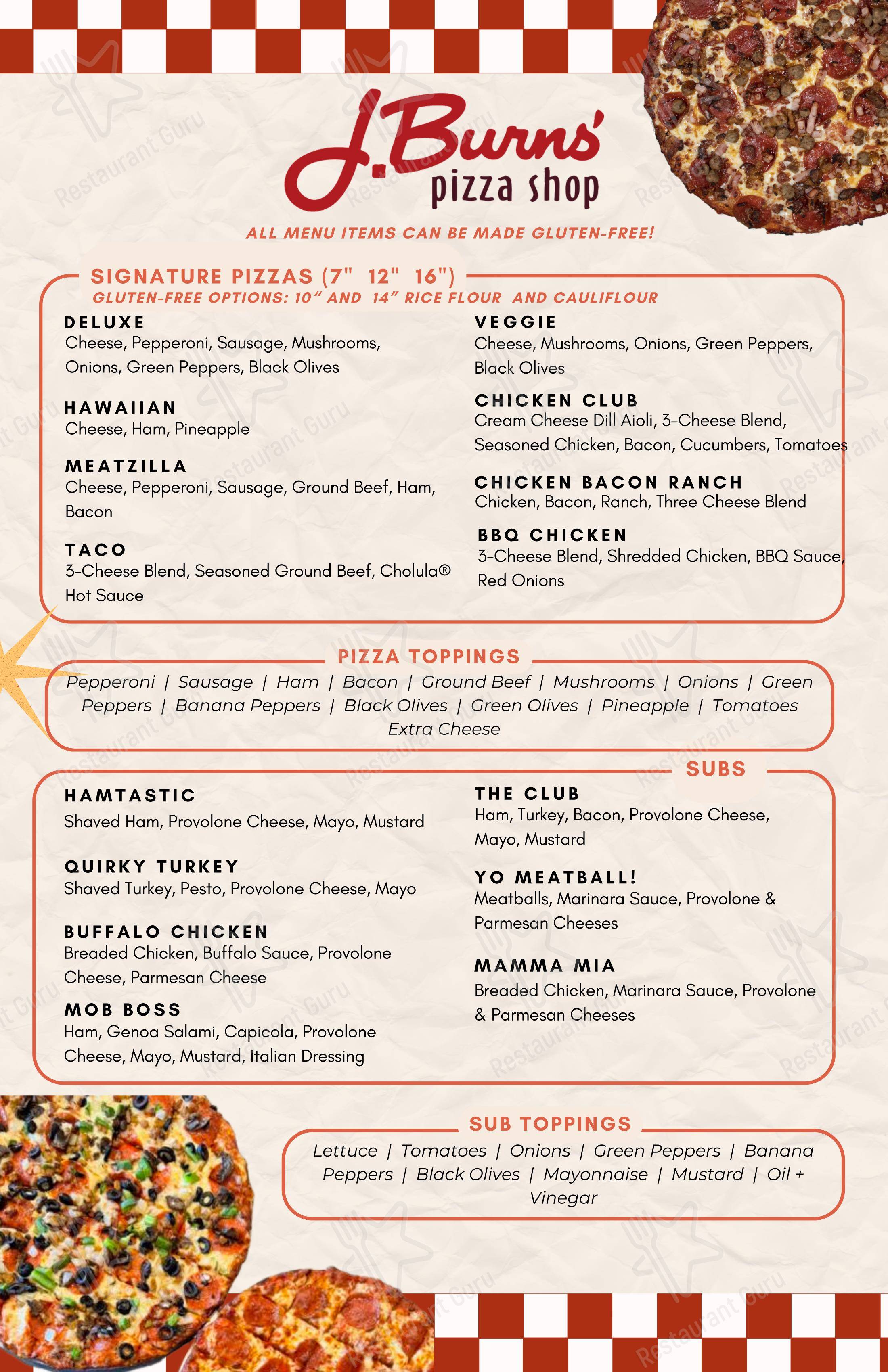 Menu at J. Burns' Pizza Shop pizzeria, Lakeland, E Edgewood Dr