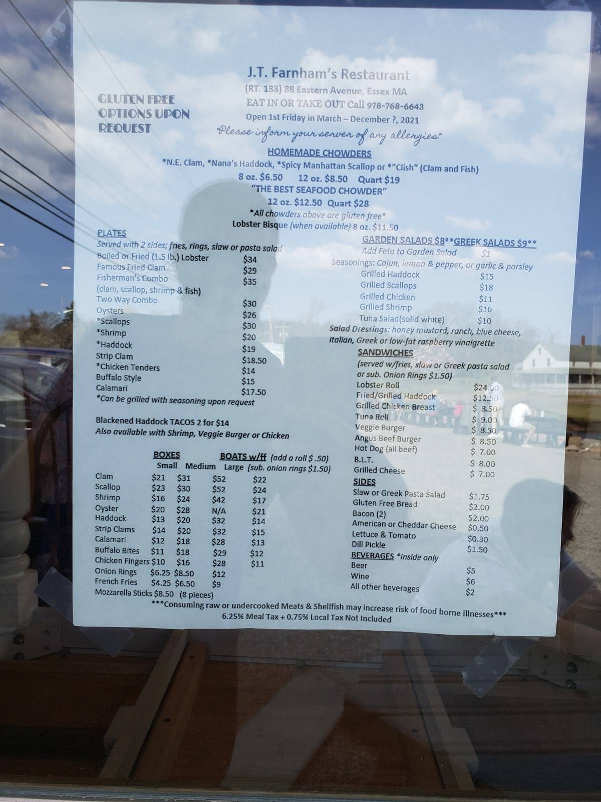 Menu at J.T. Farnham's restaurant, Essex