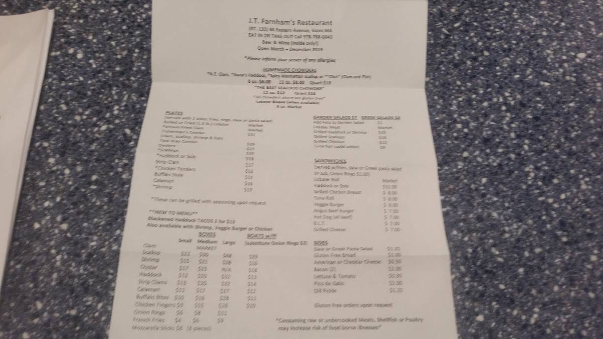 Menu at J.T. Farnham's restaurant, Essex