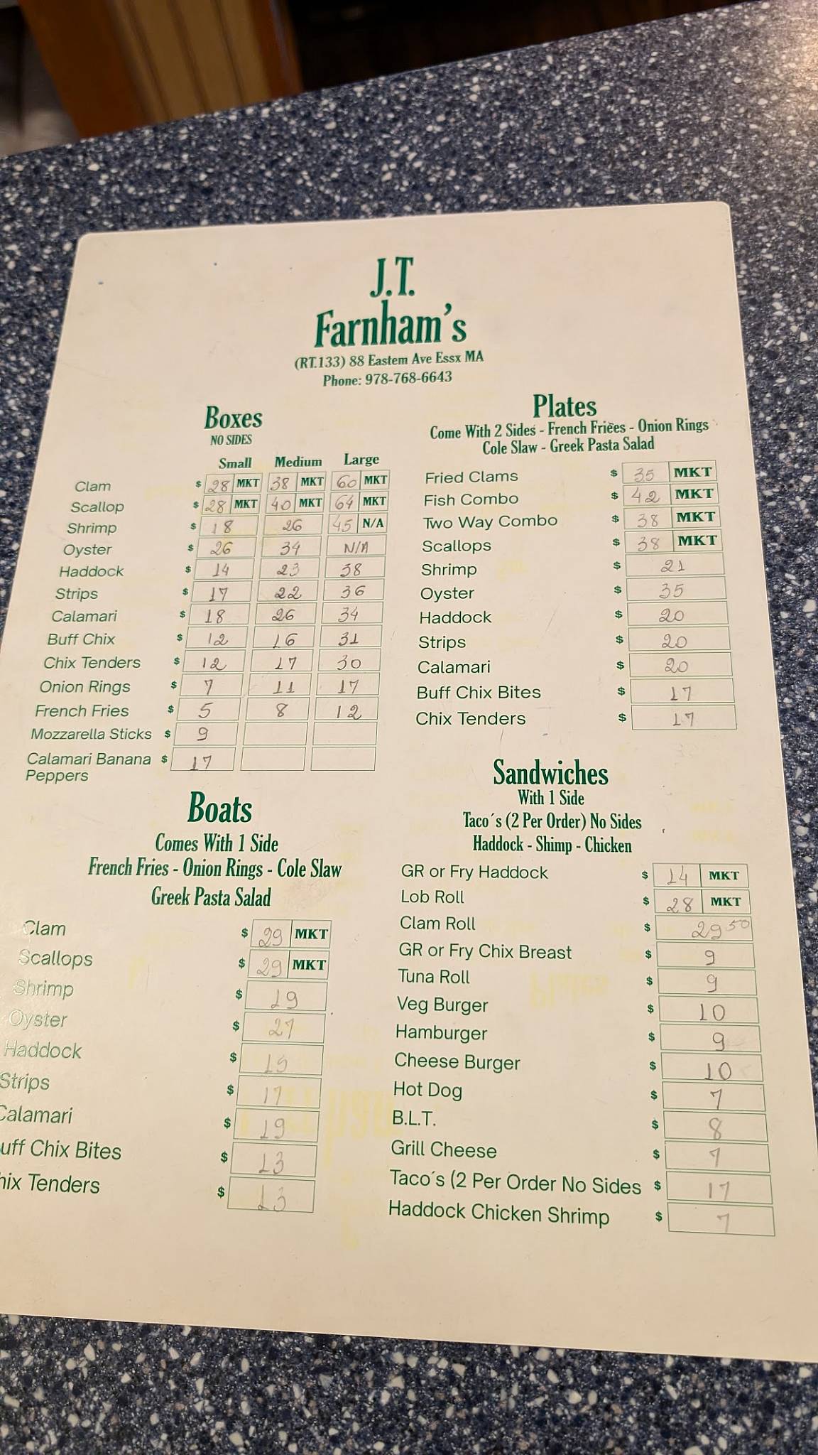 Menu at J.T. Farnham's restaurant, Essex