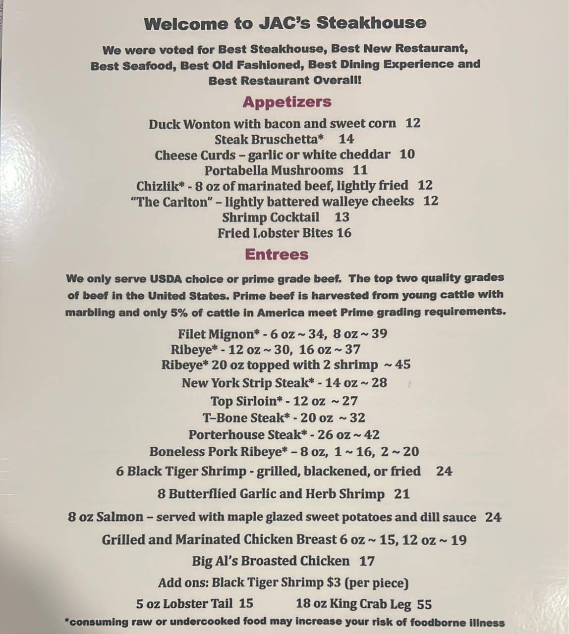 Menu at JAC's Steakhouse, Tomah