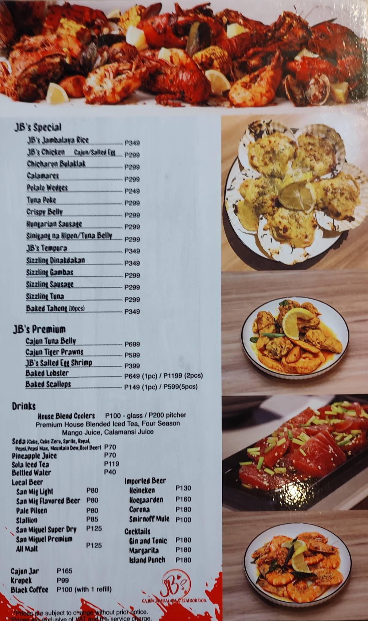 Menu at JB's Cajun Jambalaya and Seafood Boil restaurant, Quezon City