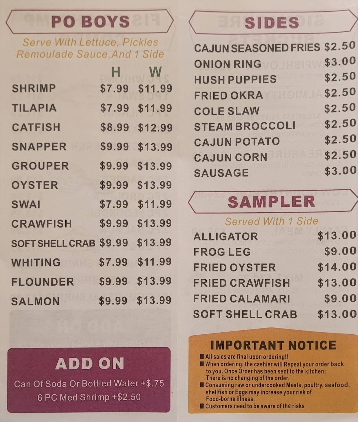 Menu at JD Crawfish New Orleans Seafood restaurant, Conyers