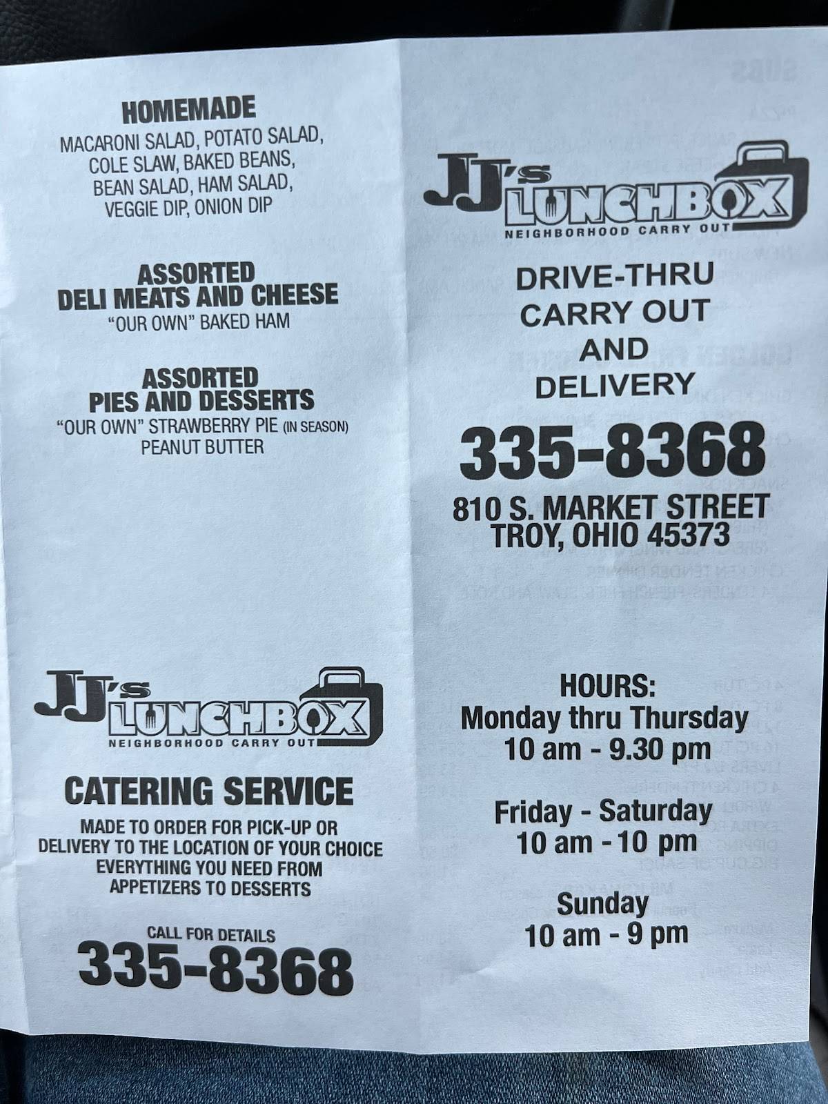 Menu at JJ’s Lunch Box pizzeria, Troy