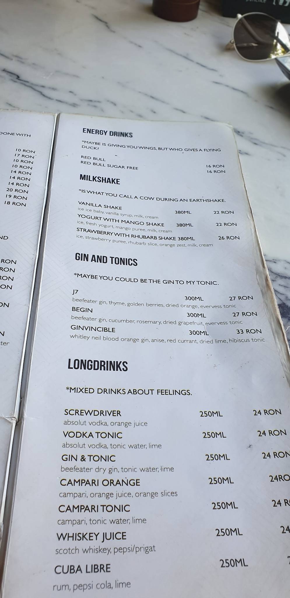 Menu at JO Lounge, Bucharest
